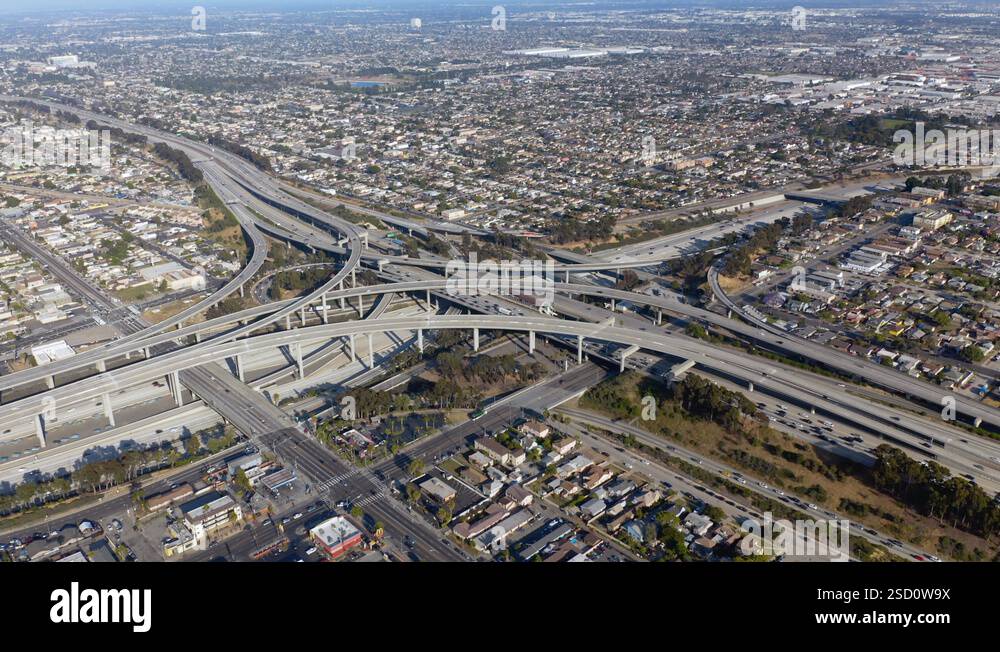 High aerial view of the crossing of Los Angeles expressway. Cityscape ...