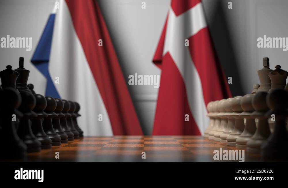 Flags of Netherlands and Denmark behind pawns on the chessboard. Chess ...