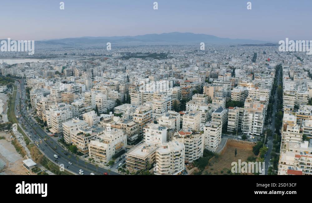 Aerial view Palaio Faliro, a coastal district of Athens, in the evening ...