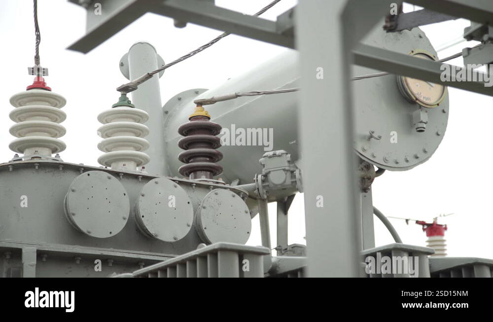 Air high-voltage switches. Electrical poles with wires and insulators ...