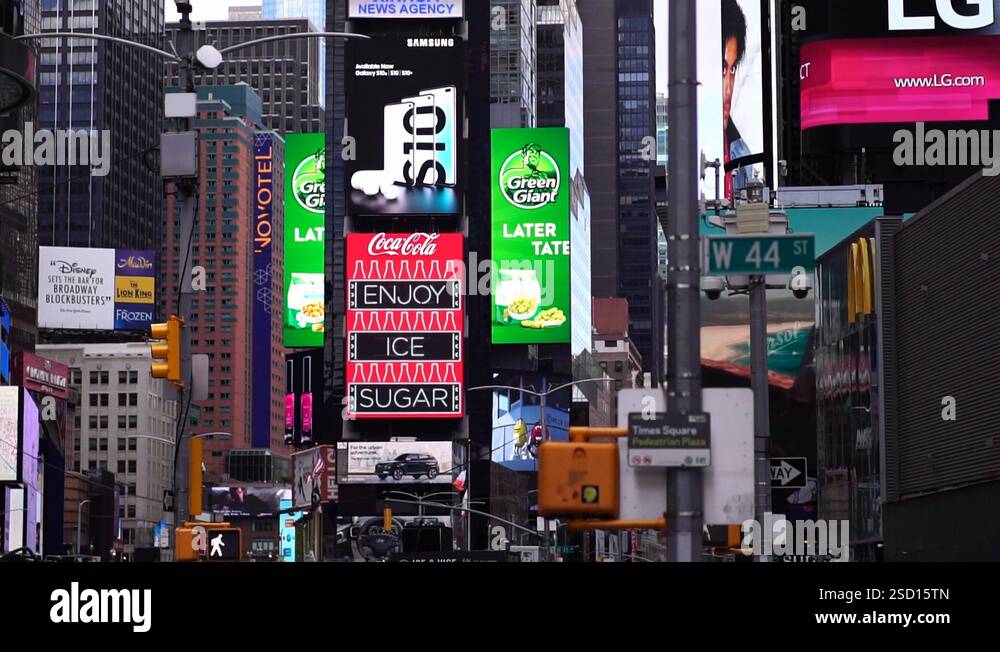 Drone shot of Times Square advertisement screens billboards in NYC New ...