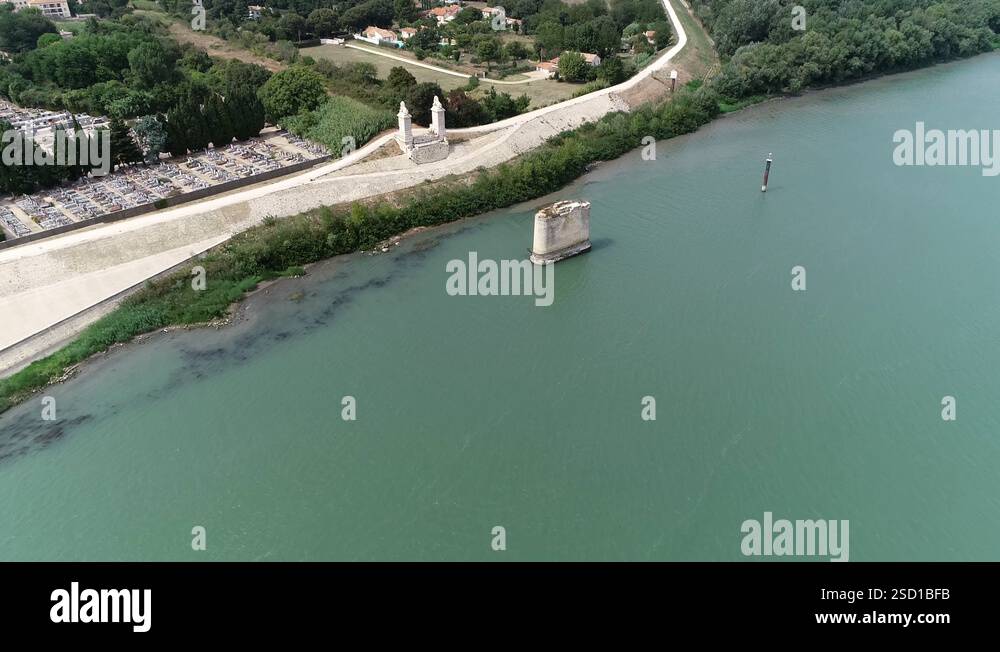 Aerial view of ancient Roman pillars where the old Arles bridge used to ...