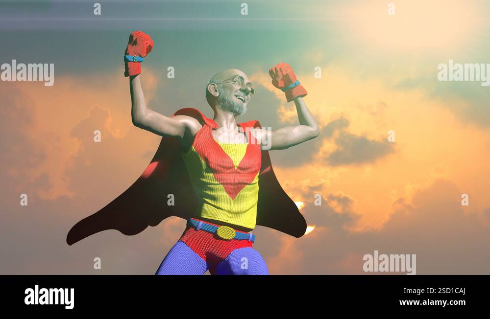 comics Superhero old man showing is power strength toon style 3d render ...