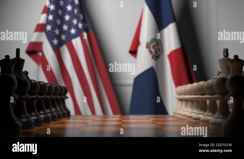 Flags of USA and Dominican Republic behind pawns on the chessboard ...