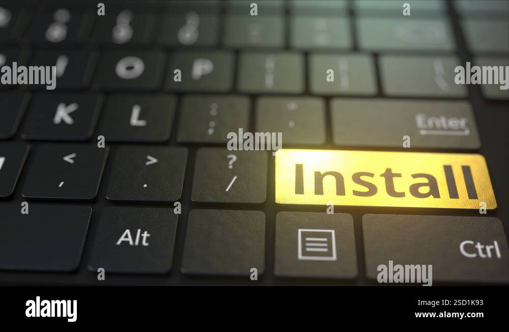 Black computer keyboard and gold install key. Conceptual 3D animation ...