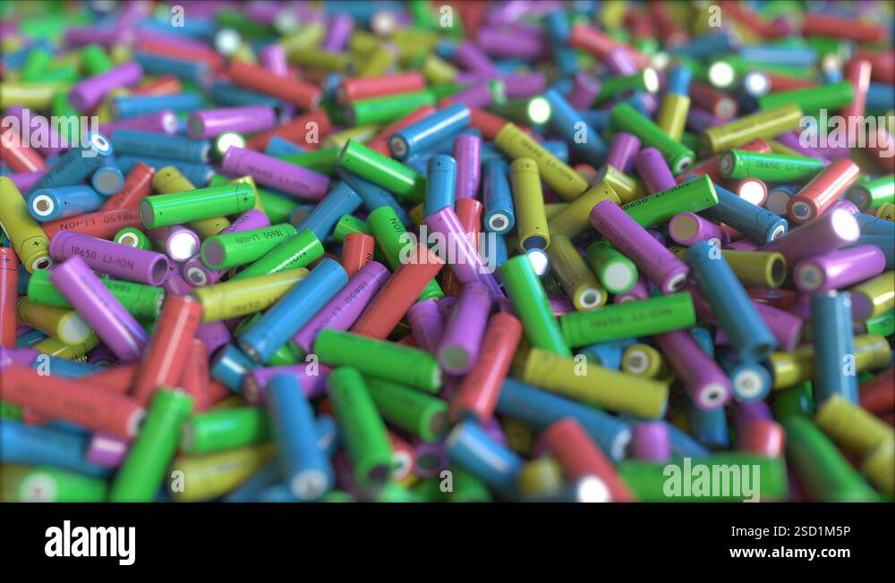 Big pile of colorful lithium-ion batteries used in industrial battery ...