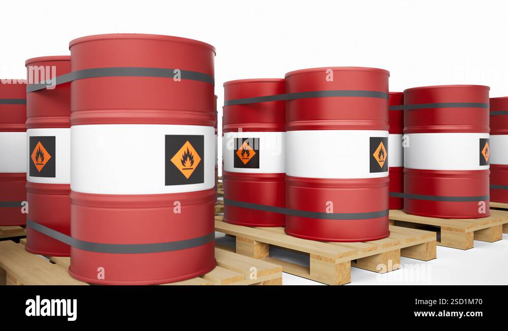 A lot of red and white metal barrels with a flammable symbol on body ...