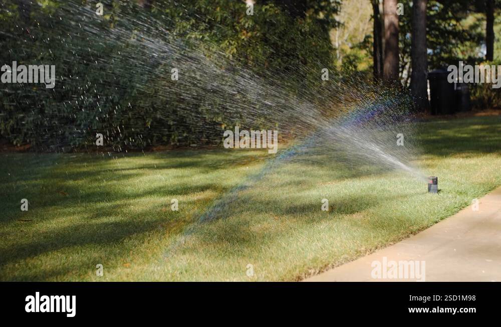 Rainbow created by irrigation lawn sprinkler heads watering grass Stock ...