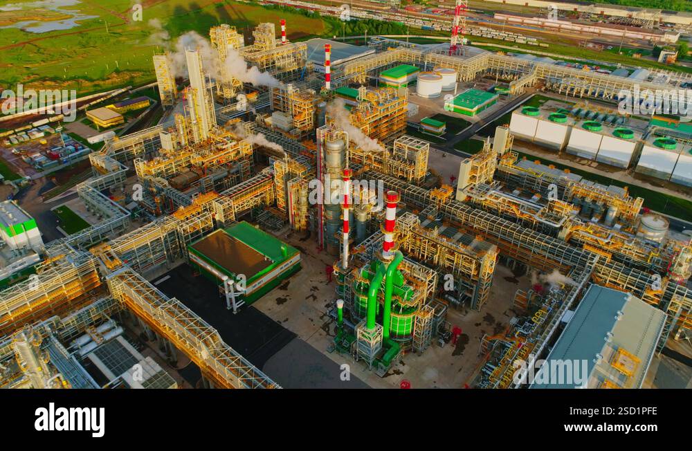 gas and oil refinery plant with production towers upper view Stock ...