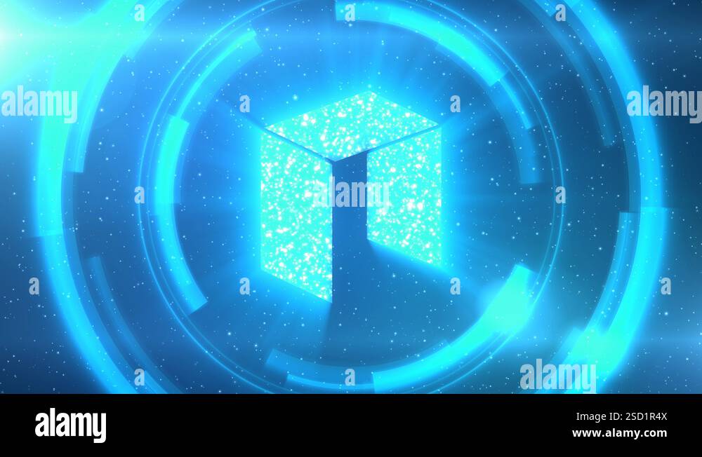 Blue NEO symbol on space background with HUD elements. Seamless loop ...