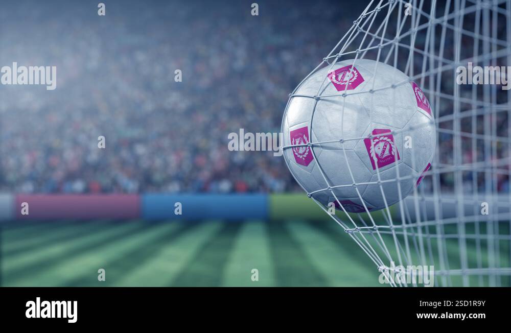 Ball with Nomme Kalju FC football club logo hits football goal net ...
