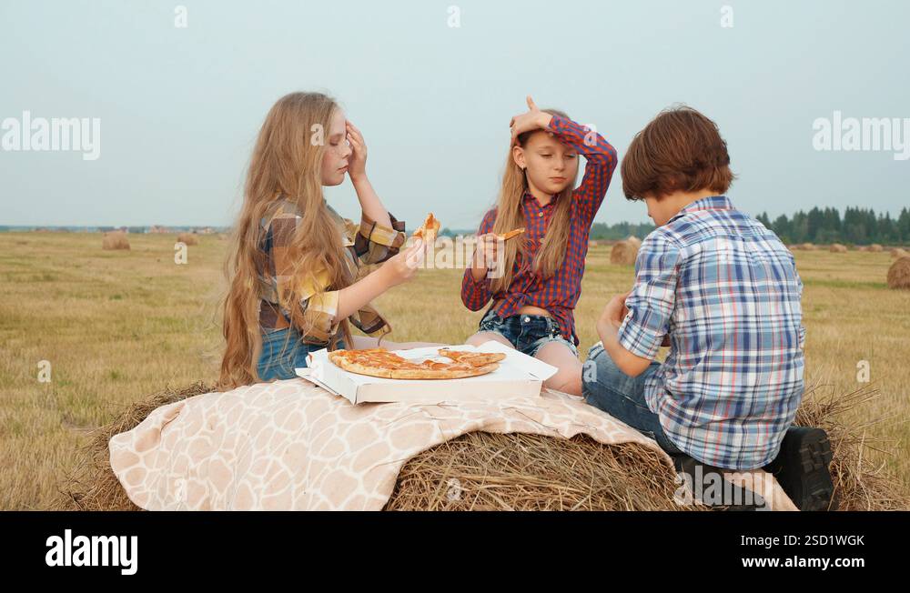 Teenager friends eating pizza on hay stack on harvesting field. Young ...
