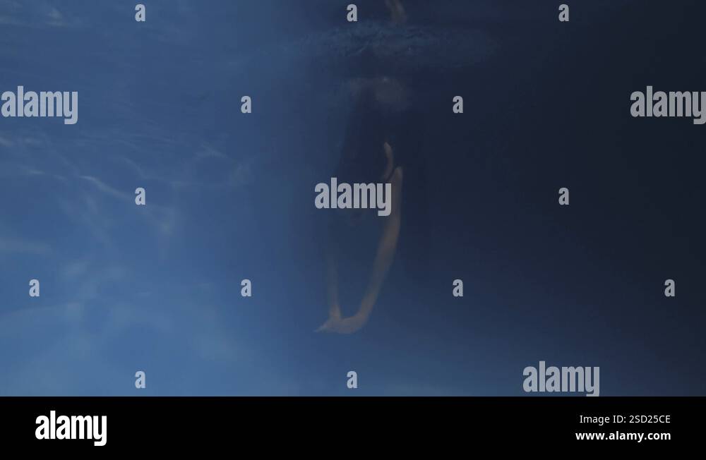 Fit woman in blue dress is diving and swimming underwater in the pool ...
