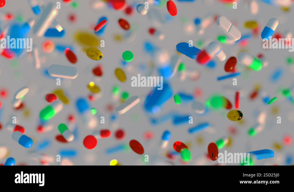 Medicine pills and capsules are falling seamless loop 3D render ...