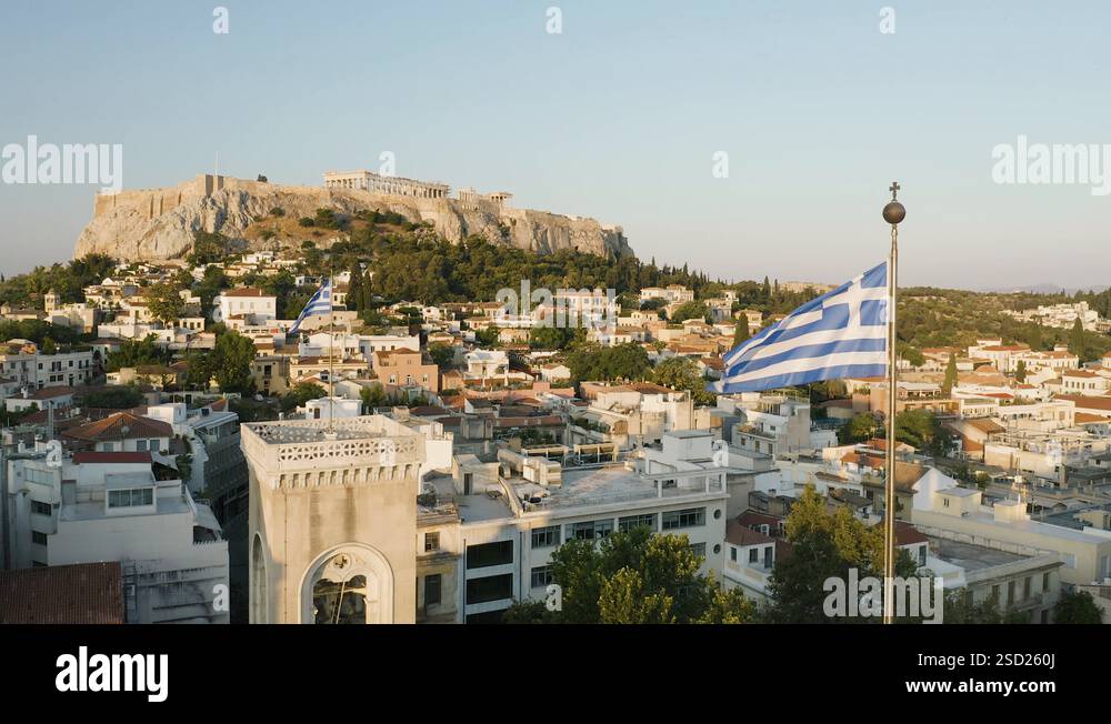 4K Greek Flag Metropolitan Cathedral Church Of Athens Acropolis Sunrise ...