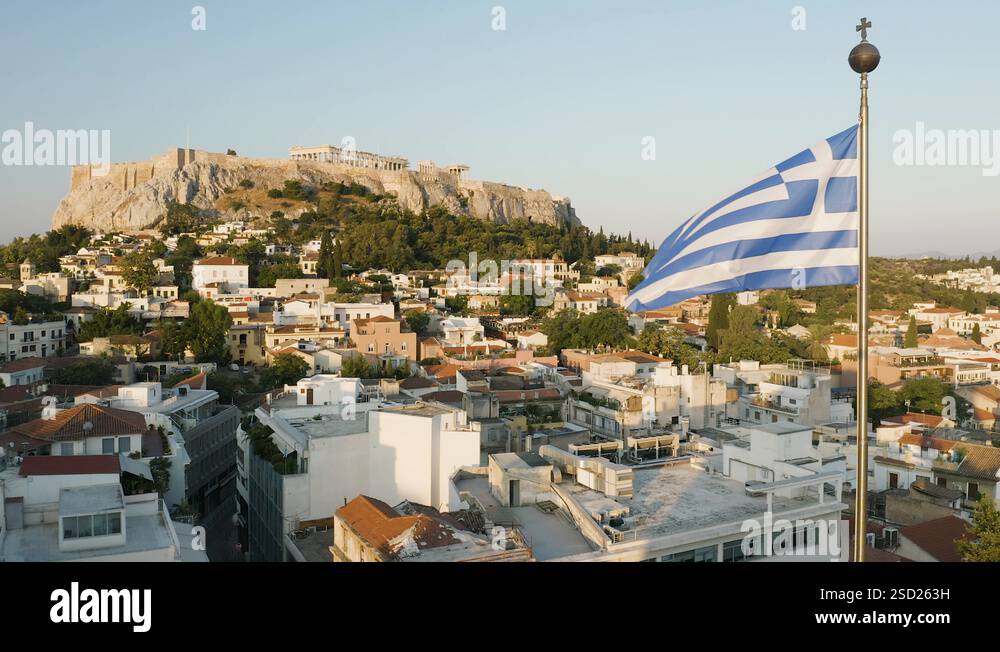 4K Greek Flag Greece Athens Parthenon Acropolis Blue White Stripes ...