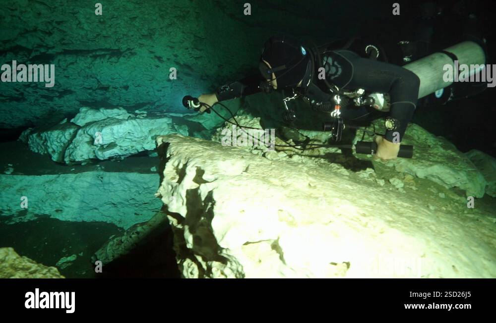 Cave diving underwater in Yucatan Mexico cenotes Stock Video Footage ...