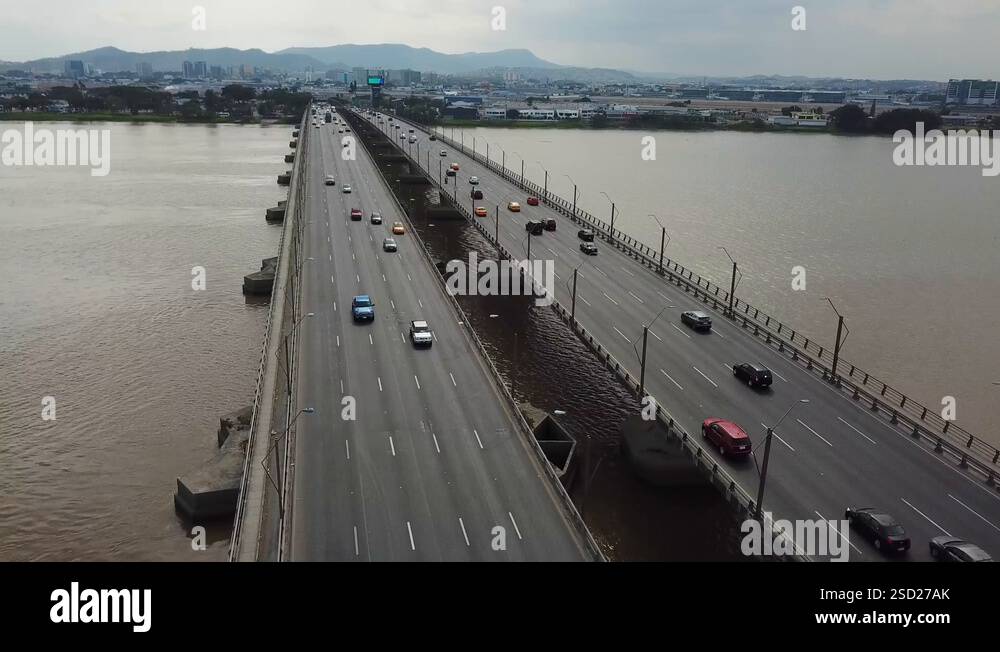Traffic in the afternoon over a bridge in Guayaquil, Ecuador taken from ...