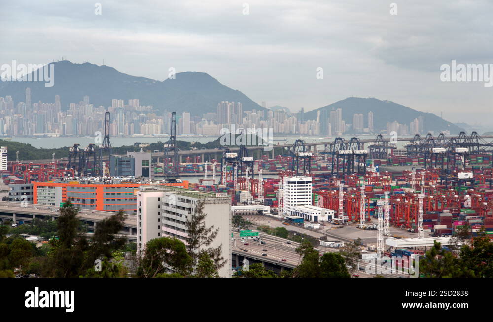 Container terminal modern harbour and overpass road of Hong Kong city ...