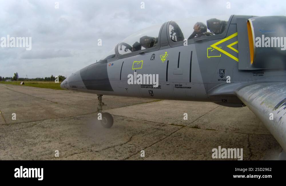 Plane move on runway and stops near number 7. View from the left wing ...