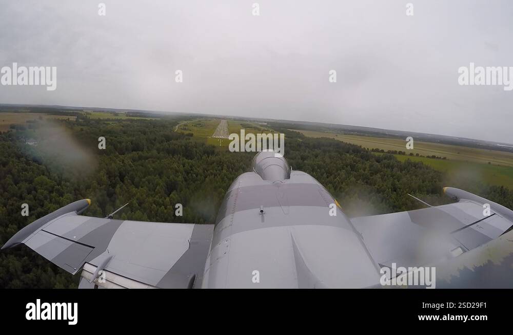 Fighter plane go down on the landing strip or runway of old empty ...