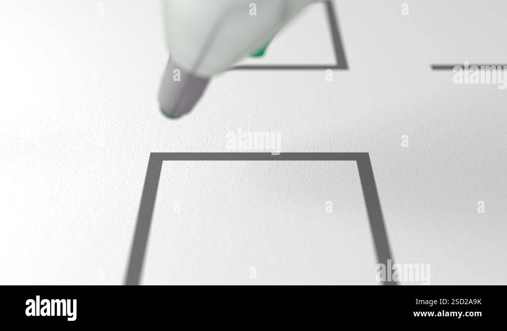 Green pen writing check mark sign in checkbox on white paper, close-up ...