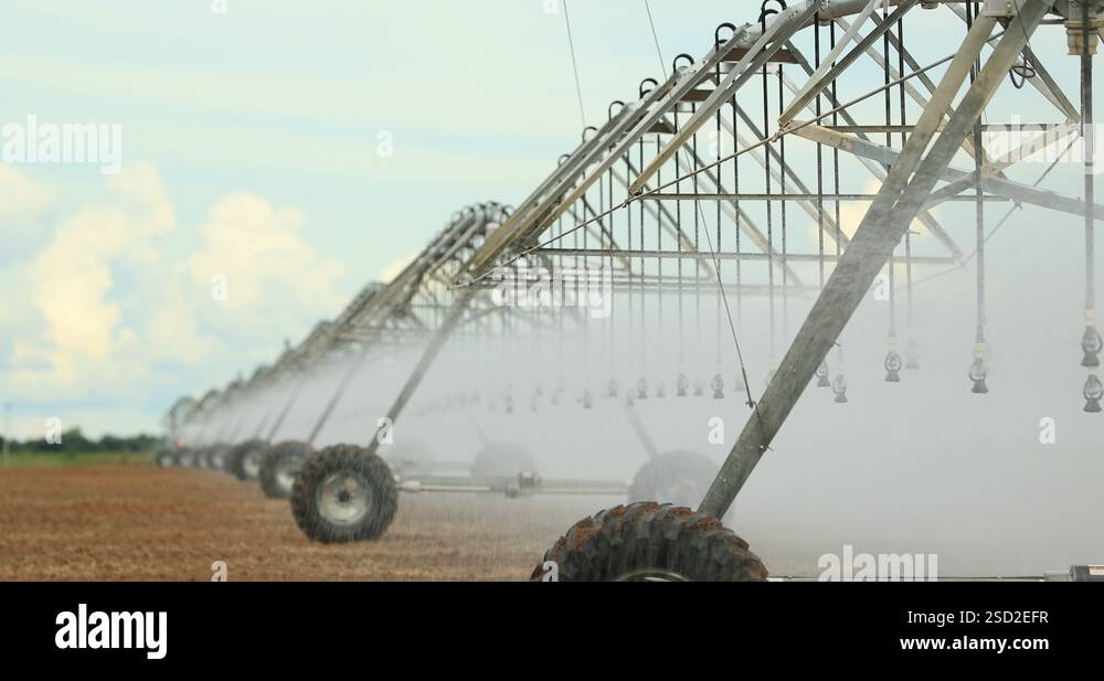 Pivot irrigation system in 4K 60fps. Close-up of pivot sprinkler system ...