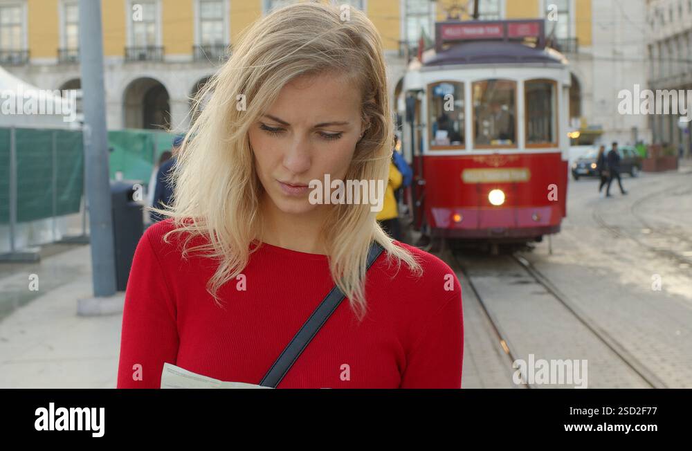 Blonde girl in the city of Lisbon Stock Video Footage - Alamy