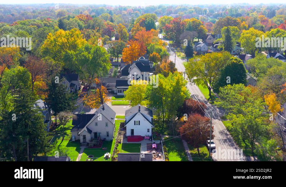 Beautiful neighborhoods, homes, Fall colors, aerial drone view Stock ...