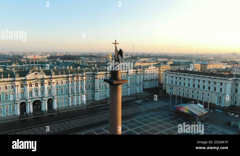 Flying around the Alexandrian column in St. Petersburg on Palace Square ...