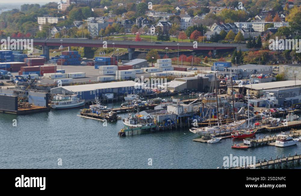 Portland Maine Aerial v30 Slow panning detail view of waterfront wharf ...