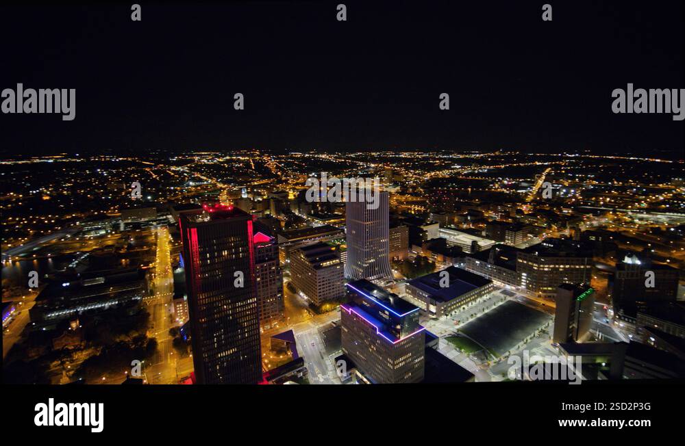 Rochester New York Aerial v11 Nighttime panoramic cityscape with tall ...