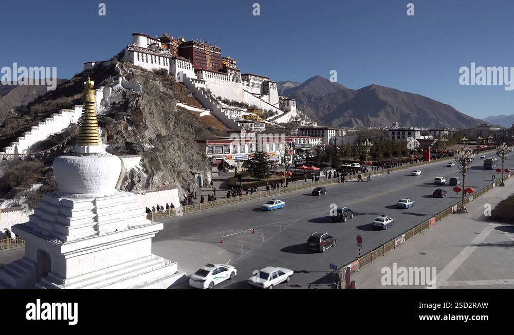 Traffic modern road Potala Palace, development heritage Lhasa Tibet ...