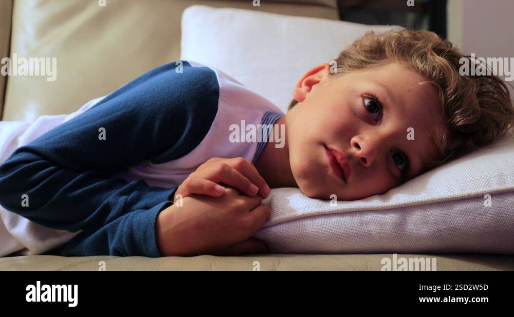 Child layed in sofa watching screen. Candid 4K clip of young boy ...
