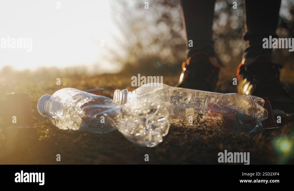 Care about nature. Volunteer girl collects trash in the trash bag ...