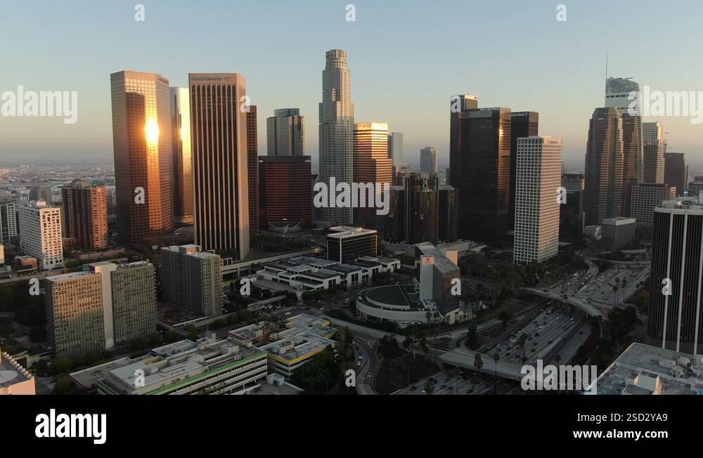 Los Angeles Downtown Freeway Interchange Sunset Reflections On ...