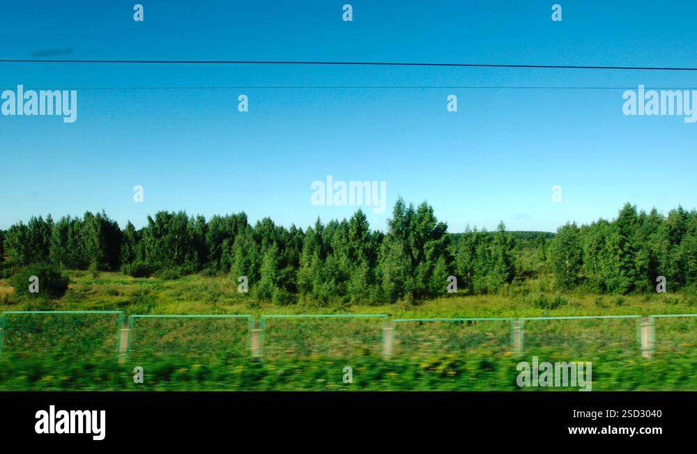 High-speed Train moves past a low forest, green fields in a sunny day ...
