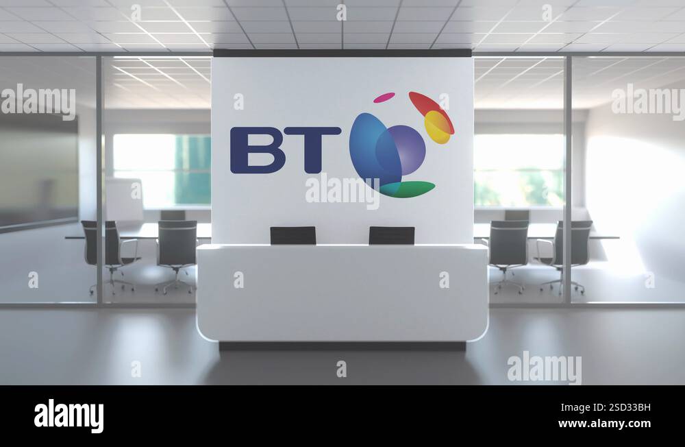 BT GROUP logo above reception desk in the modern office, editorial ...