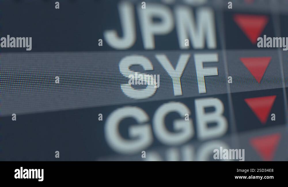 SYNCHRONY FINANCIAL SYF stock ticker with decreasing arrow. Editorial ...