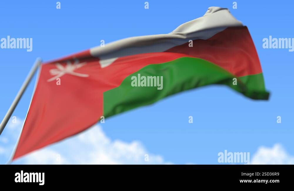 Flying national flag of Oman, low angle view. Loopable realistic slow ...
