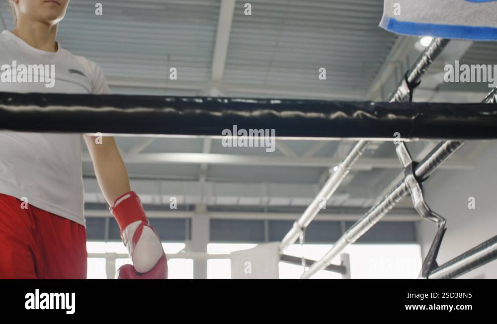 Tired Female Boxer Resting and Wiping Face after Training on Ring Stock ...