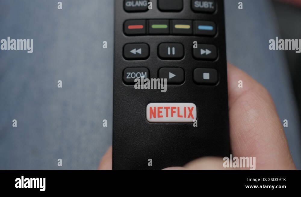 Netflix on TV Button a Remote Control. Close Up Woman With TV Remote ...
