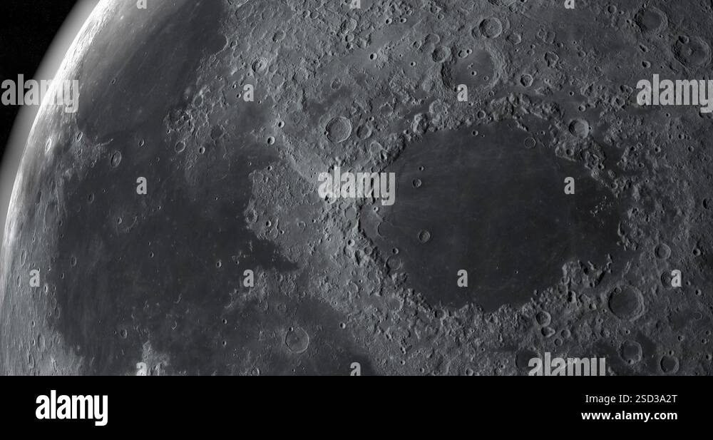 Mare Crisium in the lunar surface of the moon in rotation, 3d rendering ...