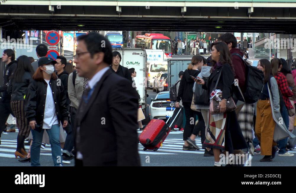 TOKYO, JAPAN : Crowd of people at Shibuya Scramble Crossing. Slow ...