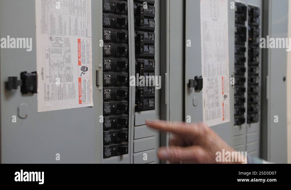 Male electrician turning off power for electrical outlet at circuit ...