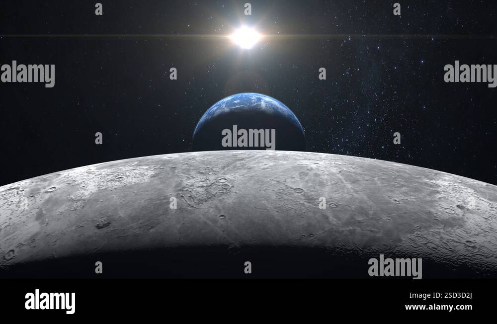 Planet earth and moon. View from space. The camera approaches the Earth ...