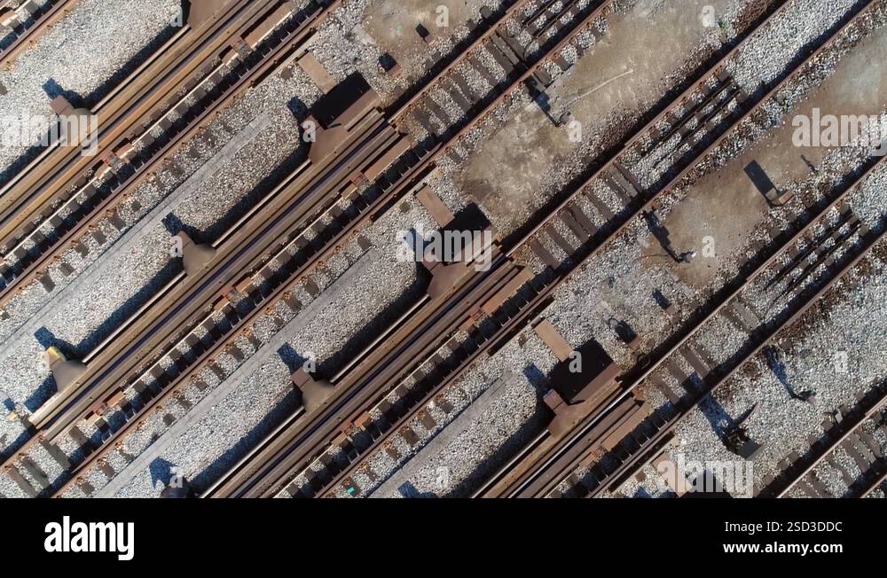 Aerial top down view of series of railway tracks next to each other 4k ...