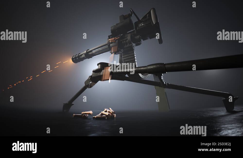 Minigun firing to the invisible target. Deadly firearm rapidly shooting ...