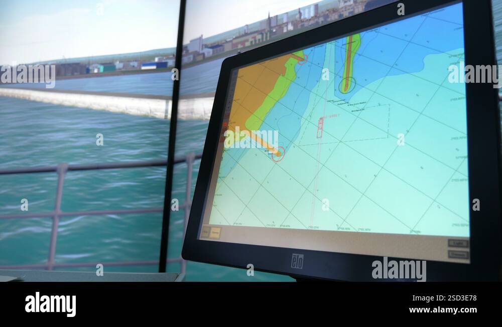 Large ship control screen with a grid and a map on it on a floating ...