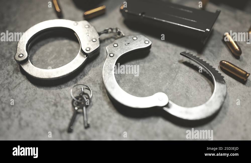 Handcuffs with lock keys and magazine of a pistol. Camera focuses on ...